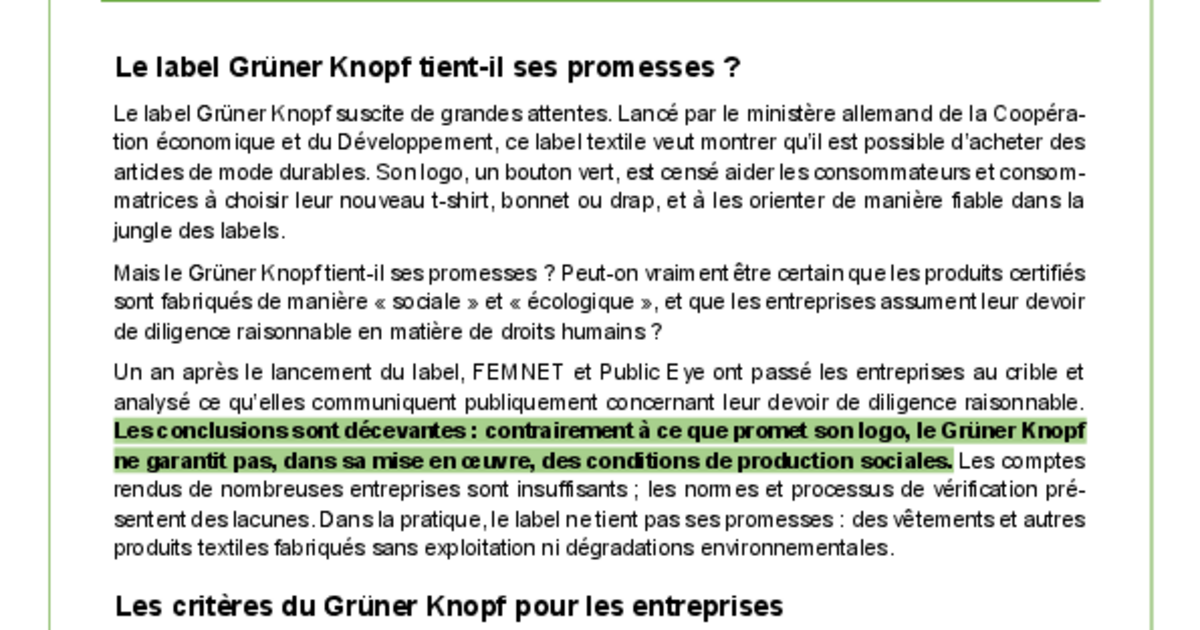 Le label Grüner Knopf tient-il ses promesses? | Public Eye